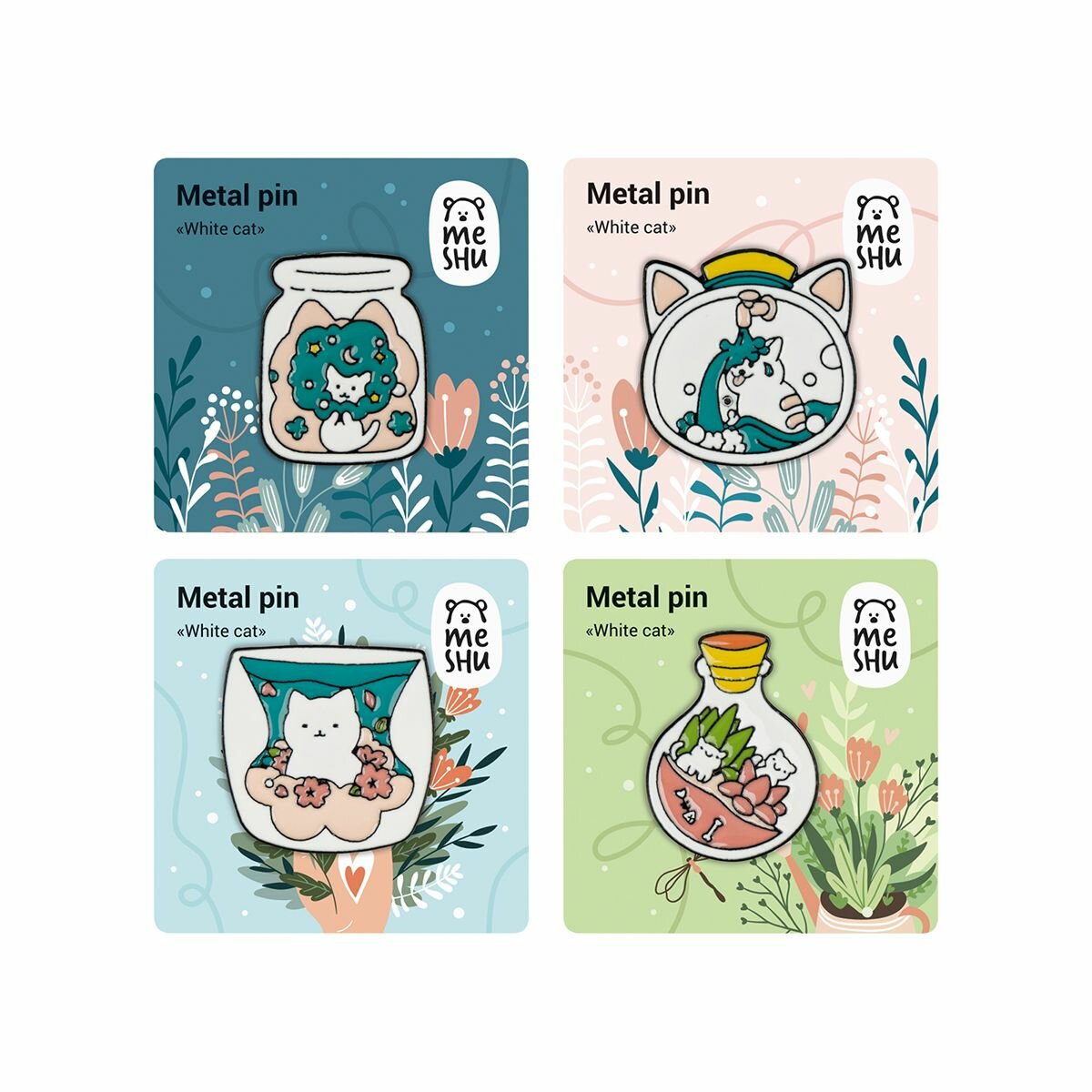 2 шт. Набор металлических значков MESHU "White cats", эмаль, 4шт, картонная подложка, европодвес