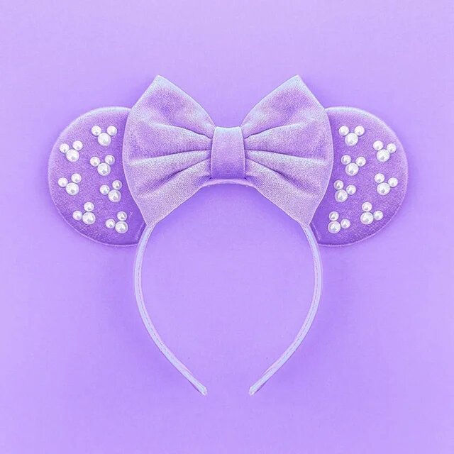 Повязка на голову Disney с белыми жемчужинами и ушками Микки Мауса, женское красочное украшение для волос из мягкого хлопка с бантиком, повязка на голову для девочки с Минни Маус, детский подарок.