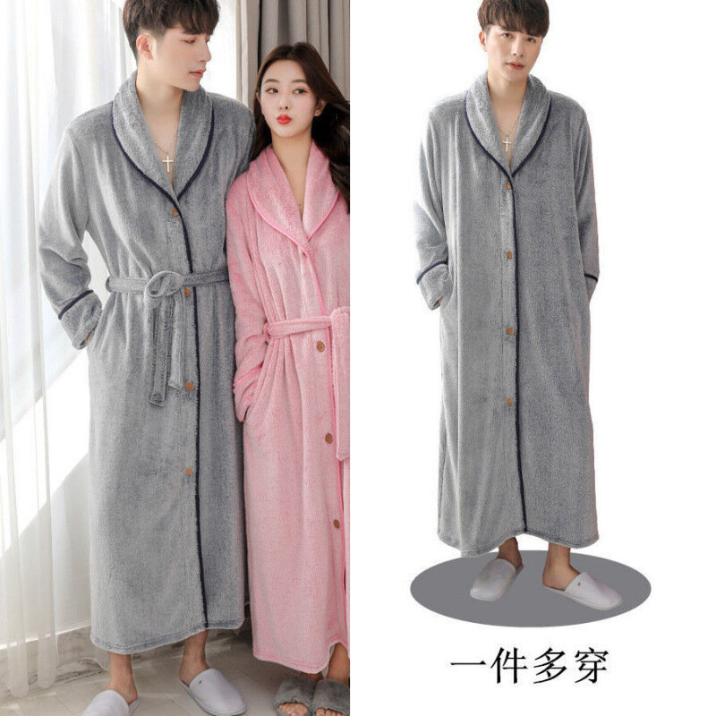 Теплая мужская ночная рубашка, утолщенная и удлиненная, с пуговицами, для мужчин, осень и зима, цельная пижама, с флисовой подкладкой, длинная домашняя одежда, больших размеров