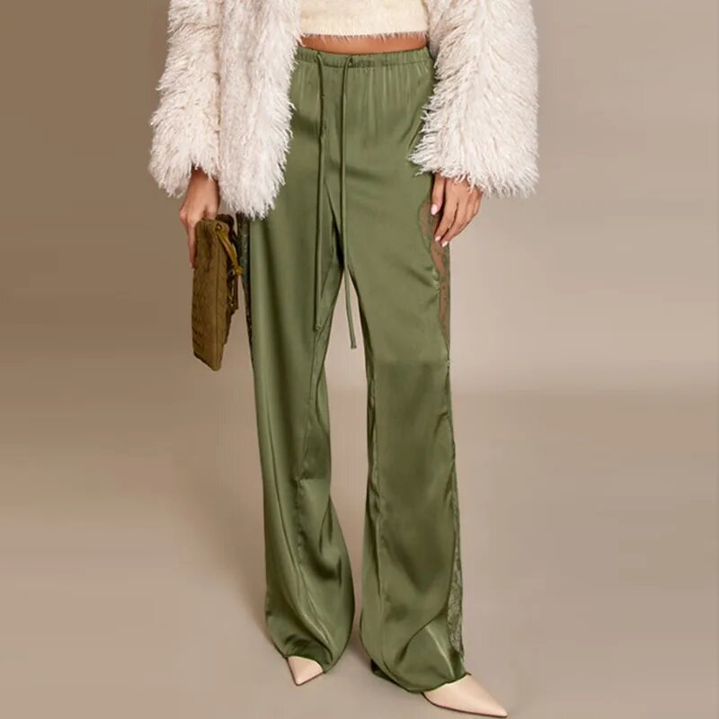 Сексуальные атласные брюки женские свободного кроя с эластичным поясом, на шнуровке, с кружевными вставками, полупрозрачные, женские, весна 2026, шикарные, однотонные, уличный стиль