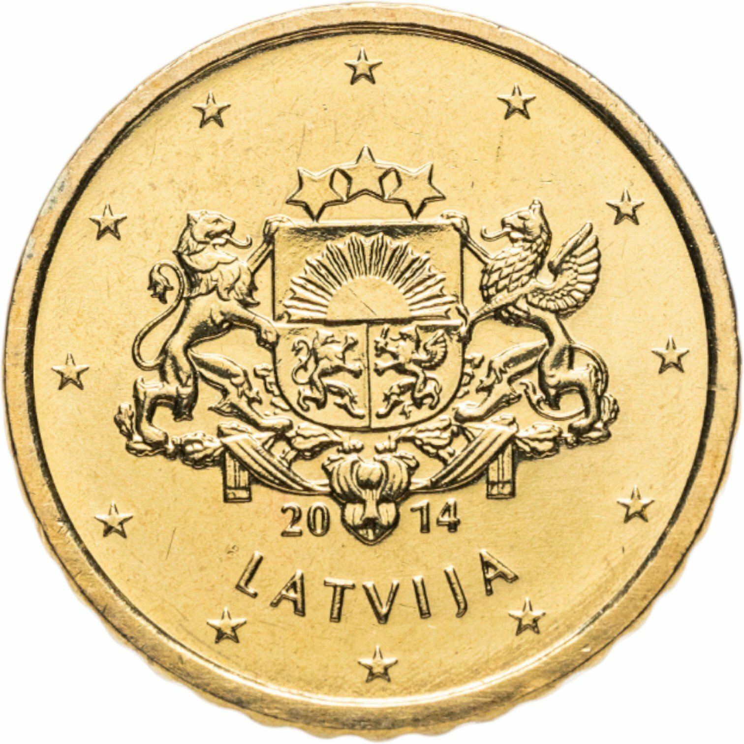 Латвия 10 евроцентов cents 2014, Латунь, в сохранности UNC