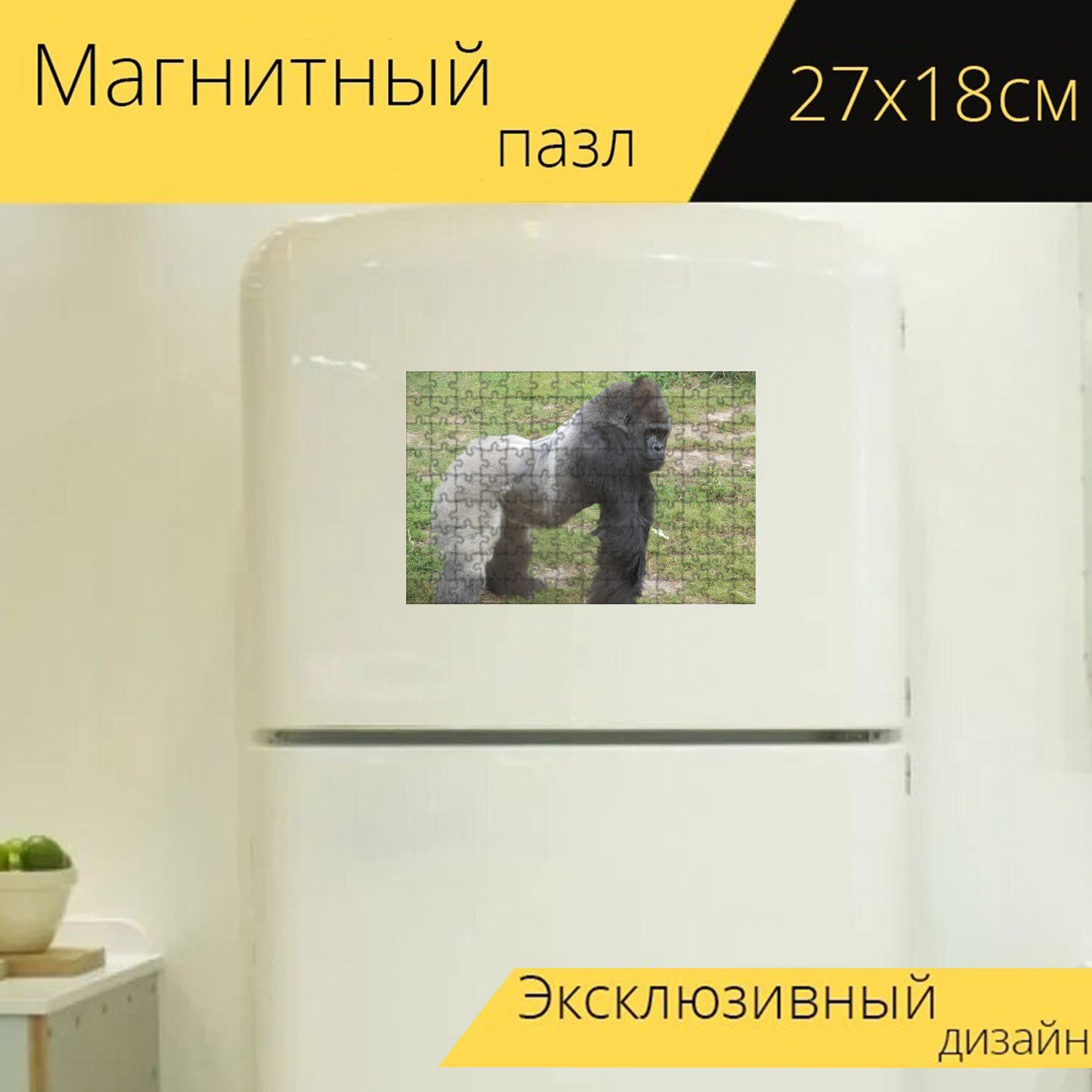 Магнитный пазл "Сильвербэк Gorilla позирует Горилла создает в нем корпус в зоопарке. серебряная горилла обезьяна дикая природа природа мужчина приматов" на холодильник 27 x 18 см.