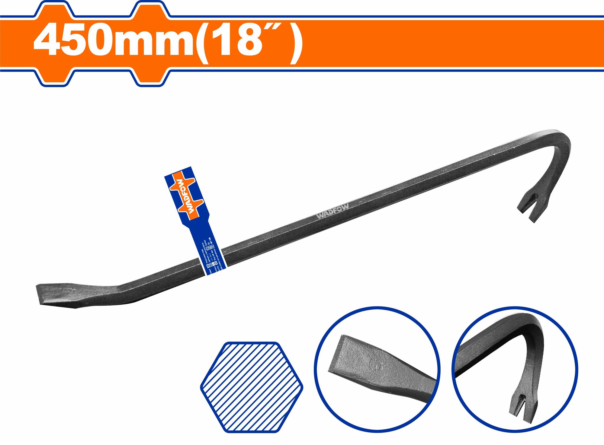 Лом-гвоздодер стальной "WADFOW" шестигранный профиль, черный 450 мм