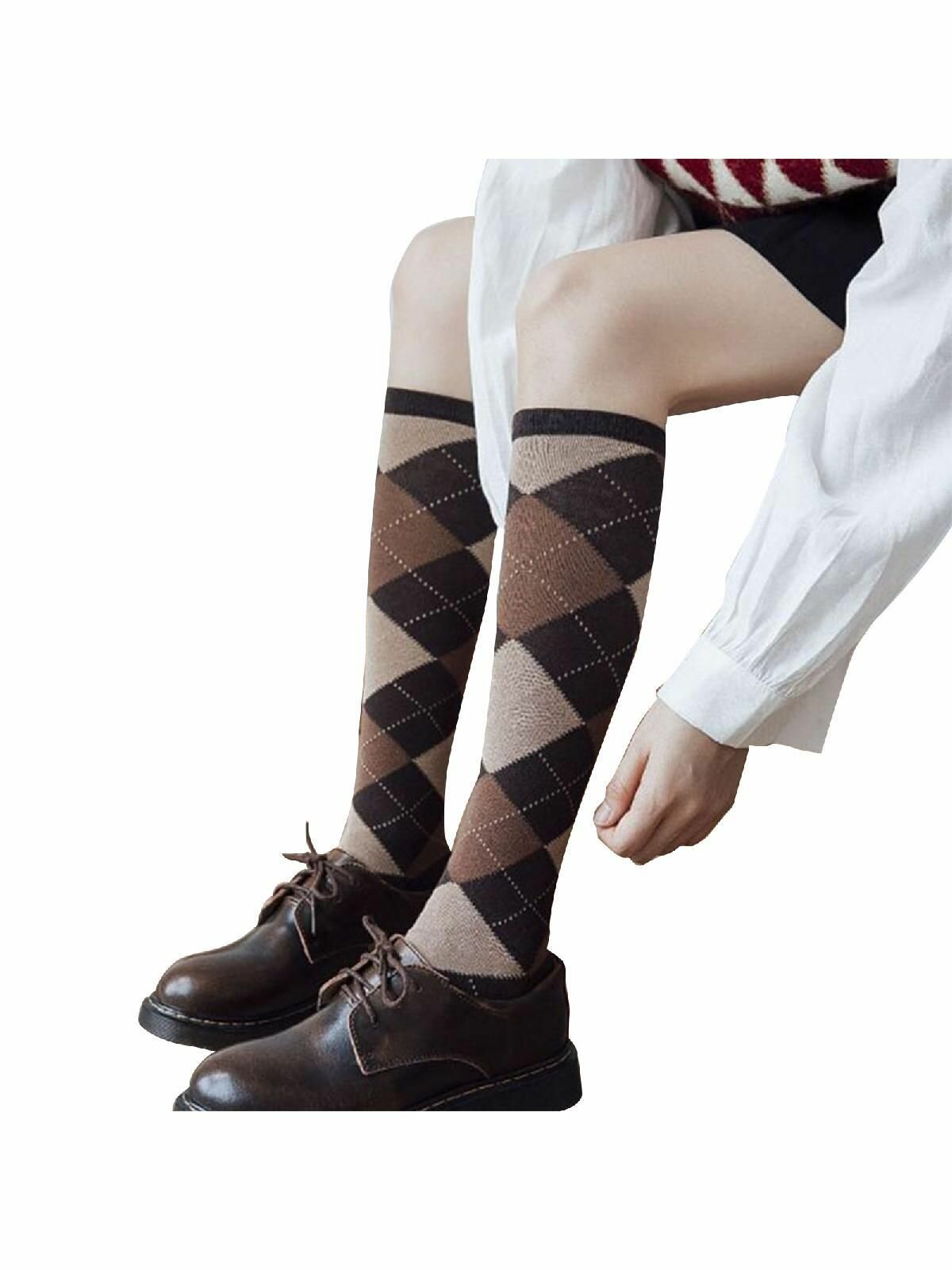 Колготки-носки до колена в клетку, Кофе Да Лингге