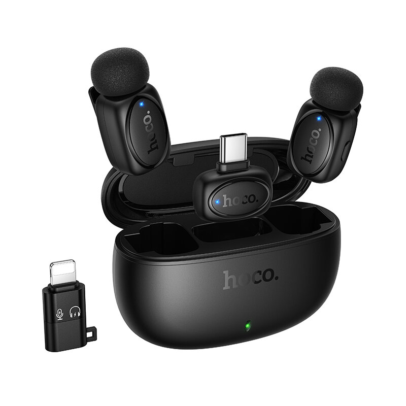 Беспроводной микрофон (2 шт) с приемником для Type-C и Lightning, L19, HOCO, черный