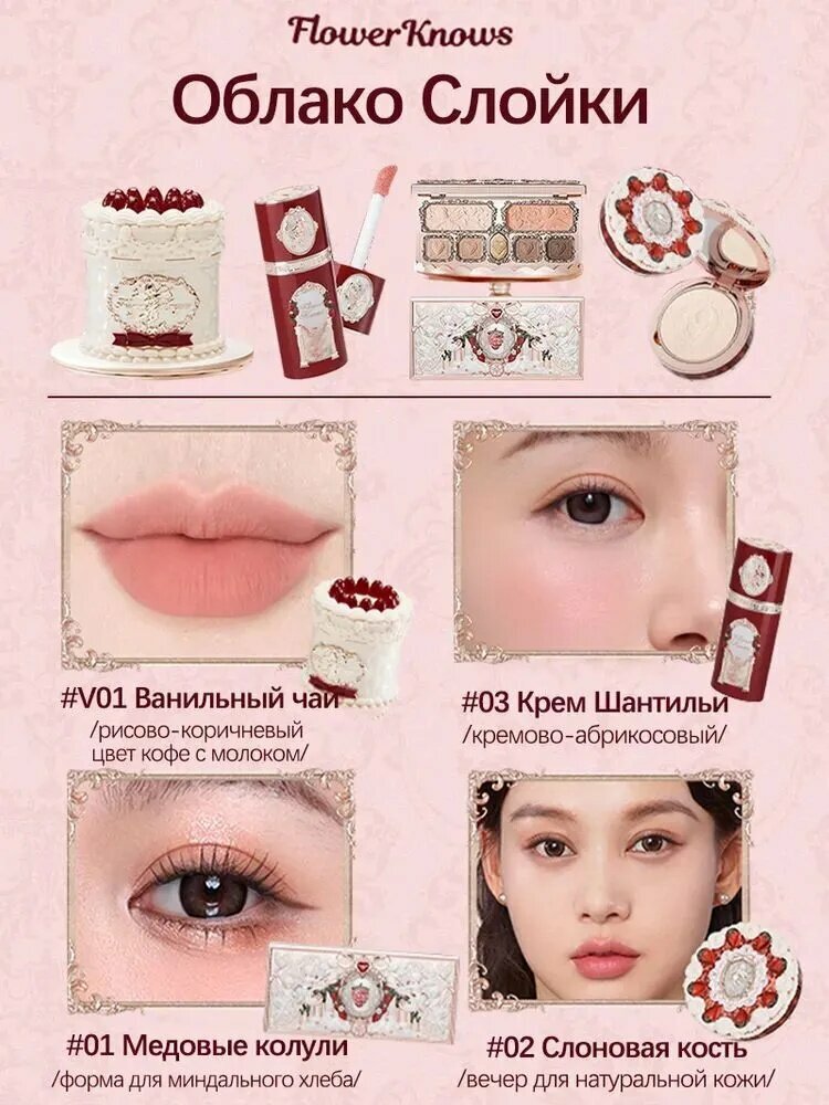 Подарочная коробка для макияжа Flower Knows, Strawberry Cupid Sweetheart Series, Серия Клубничный Купидон Милая, губная помада, румяна, тени