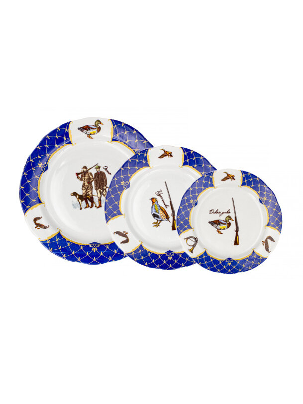 Набор фарфоровых тарелок мелких на одну персону, Дулево "Охота Синяя" вырезной край, 3 предмета