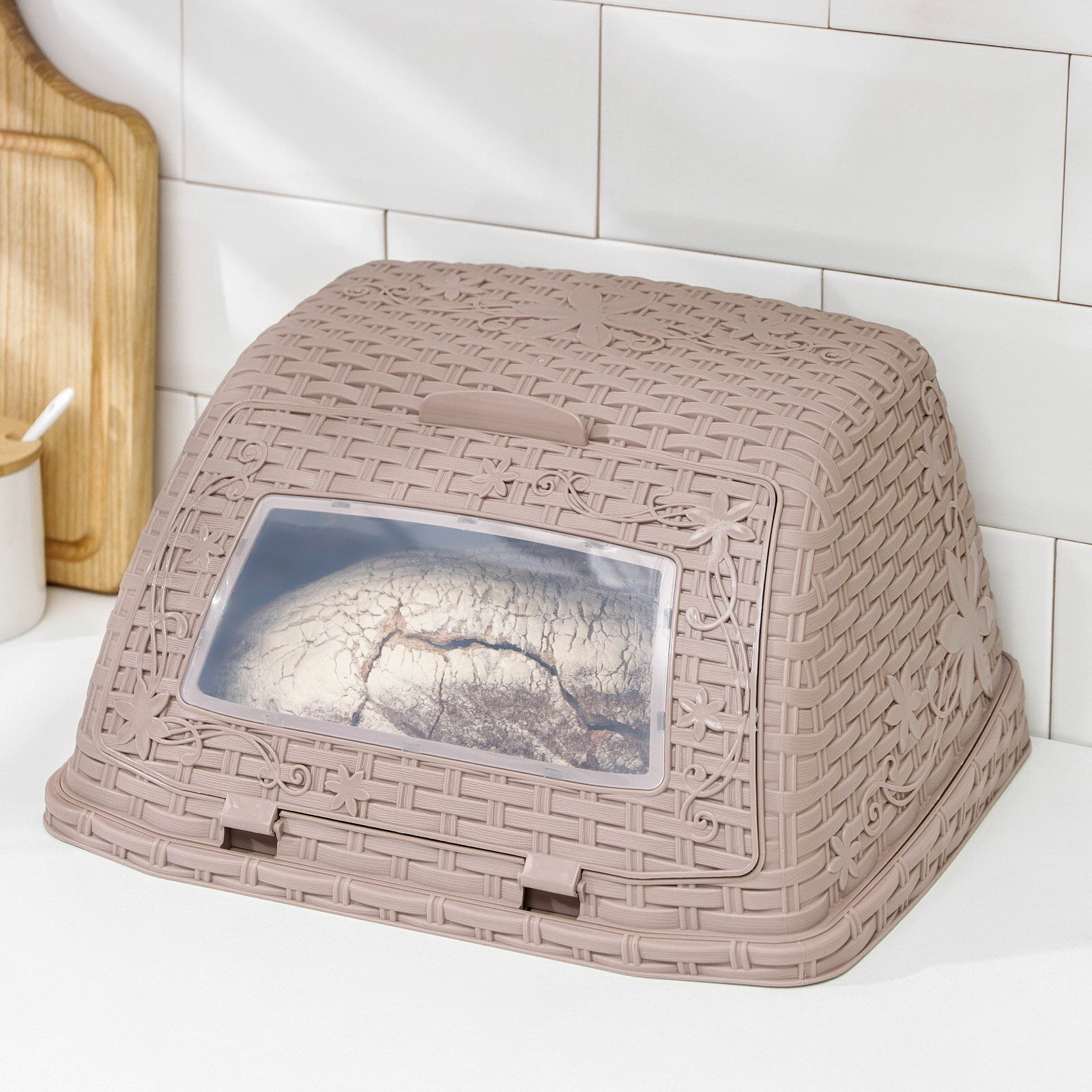 Хлебница с крышкой "Плетёнка", 26x33x19 см, пластик, светло-коричневая