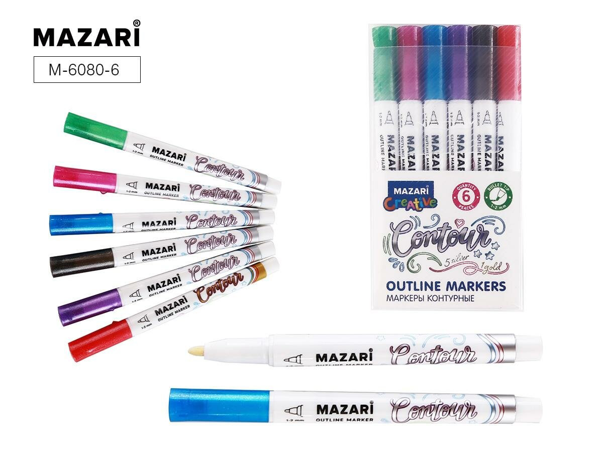 Маркеры-краски 'Contour' с контуром, 6 цветов (1 золотой + 5 серебряных), пулевидный наконечник 1.0-2.0 мм