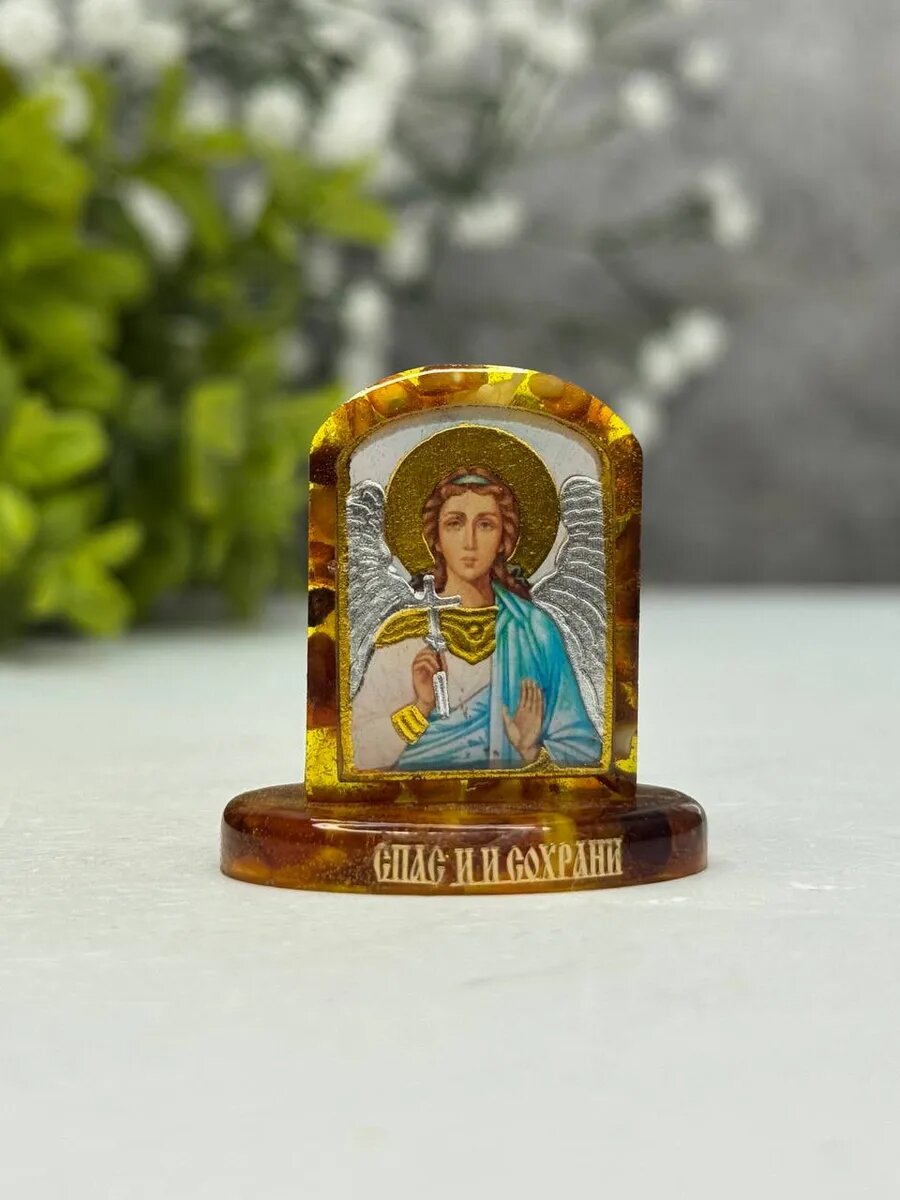 Декоративная Янтарная фигурка с Иконой Ангела Хранителя, Янтарь/смола