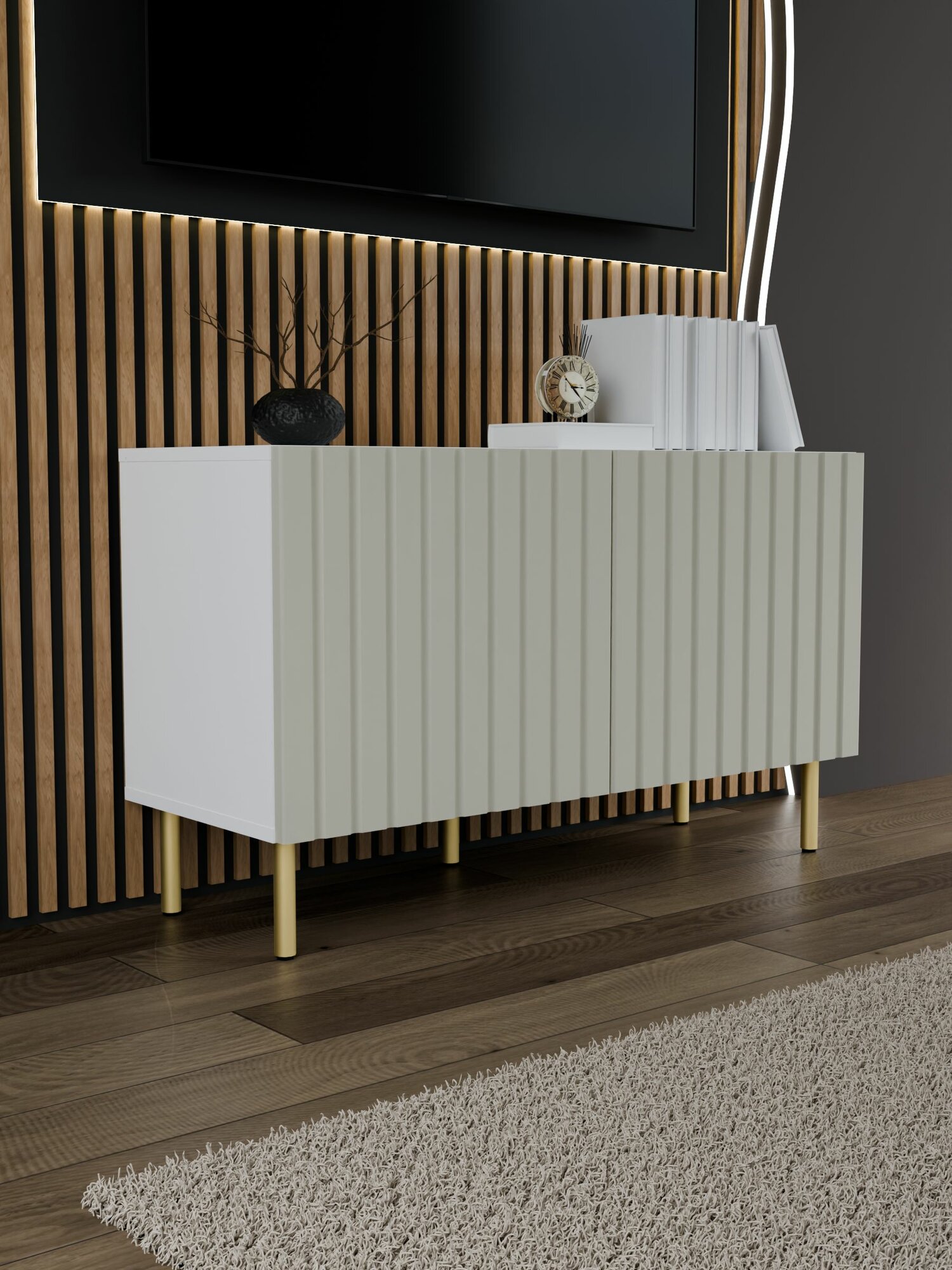 Изумлит Тумба под телевизор Вертикаль на ножках 100х44х36.6 см, корпус белый/ фасад пленочный бежевый матовый