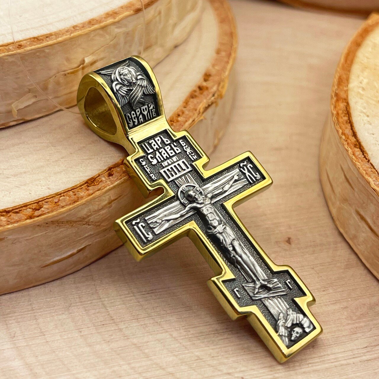 Крестик, серебро, 925 проба, чернение, оксидирование, золочение