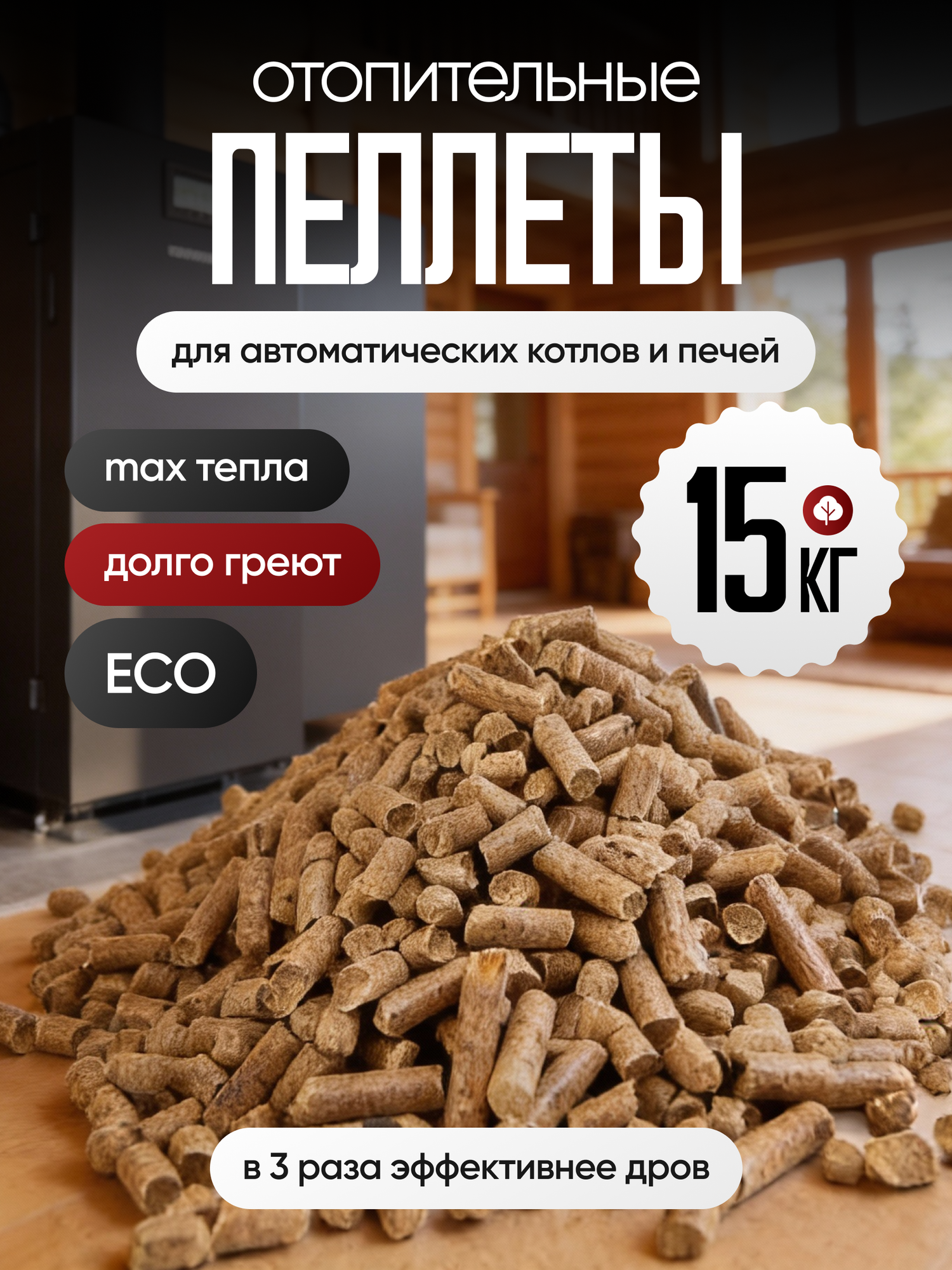 Топливные пеллеты в гранулах для отопления, 15 кг