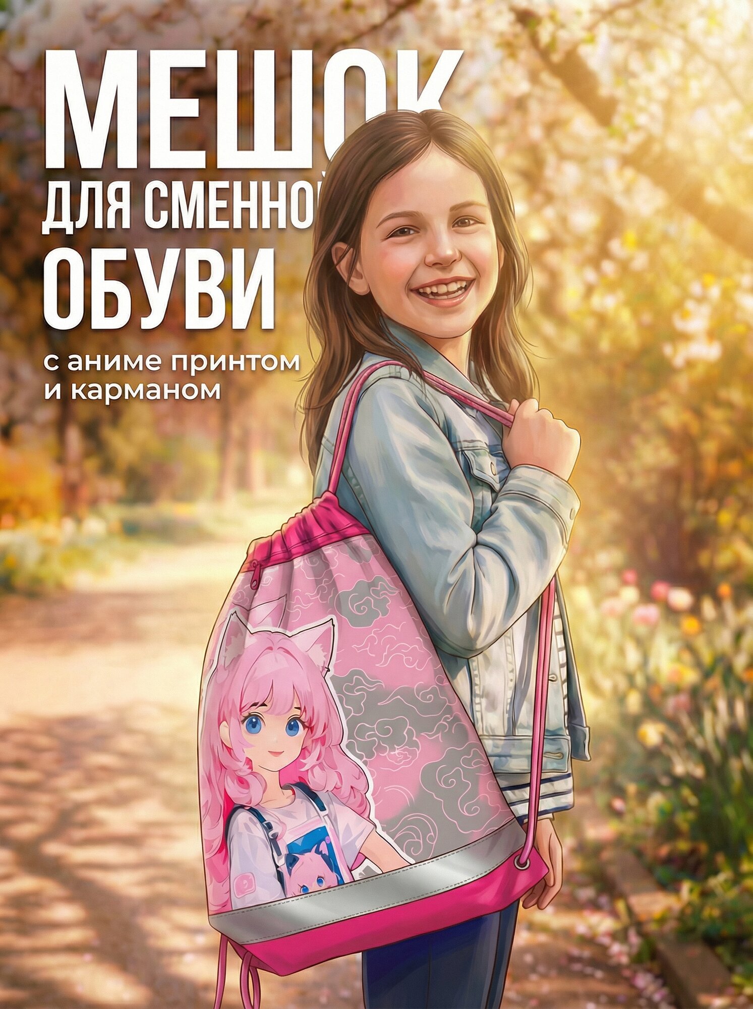 Мешок для сменной обуви "девочка-кошка"