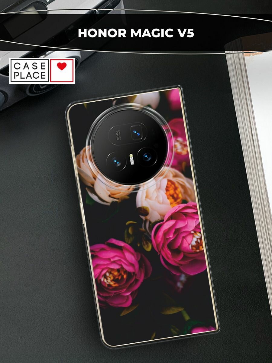 Чехол на Honor Magic V5 / Хонор Мэджик V5 с принтом Розовые пионы на черном