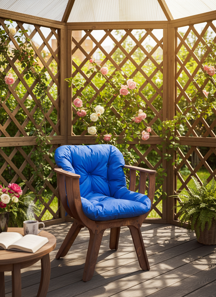 Садовое кресло "ракушка XL" для отдыха на даче, цвет венге + синяя подушка