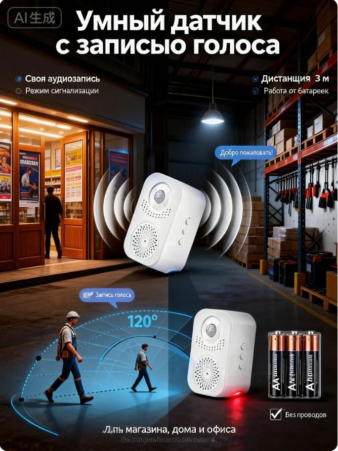 Беспроводной датчик движения с записью голоса и мелодиями, дверной звонок-приветствие для магазина, охранная сигнализация, оповещатель