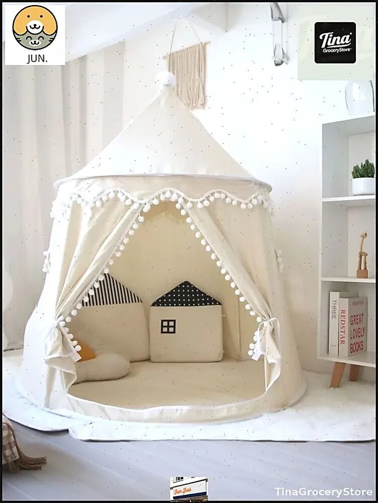 Детская палатка для девочек, вигвам, игровой домик для детей, бежевая, с подушками