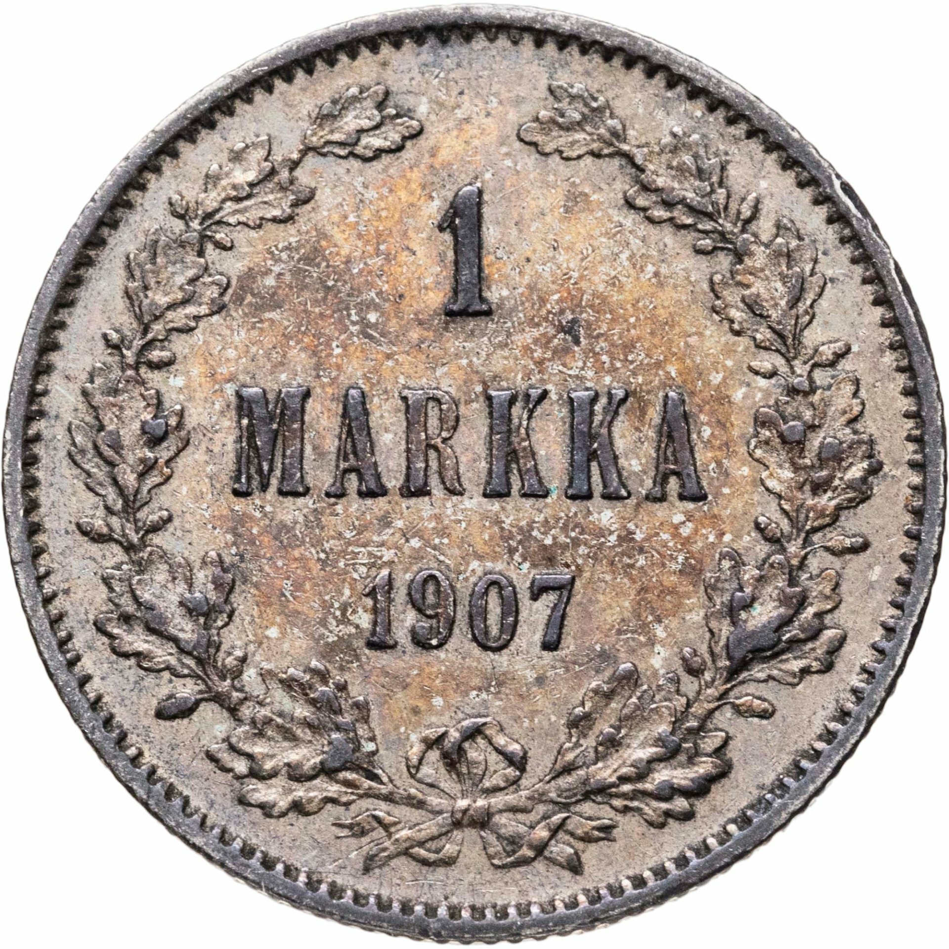 1 марка 1907 L Российская Финляндия, Серебро 868, в сохранности XF-AU