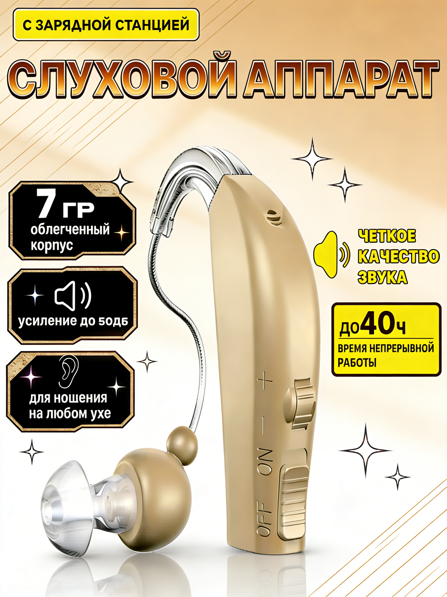 Слуховой аппарат, усиление звука до 30Х, влагозащита, мягкие амбушюры