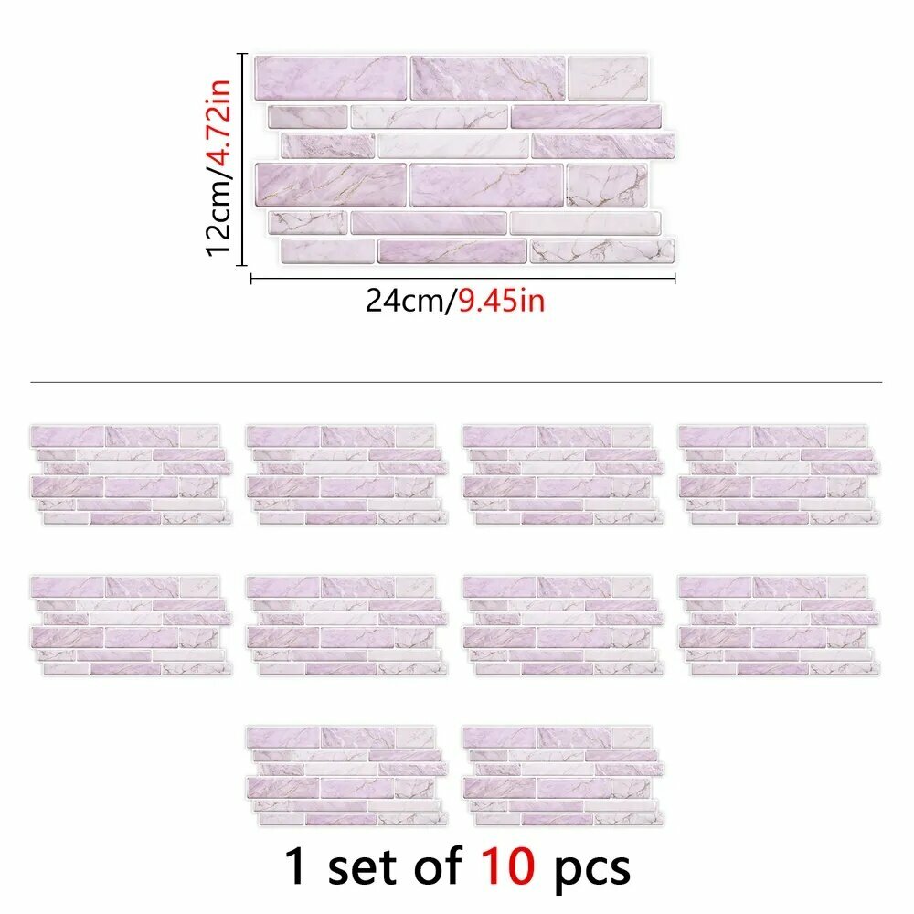 Самоклеящаяся водонепроницаемая плёнка-плитка ПВХ 0.44 мм, снимаемая, для стен ванной, кухни, фартука (стиль мозаика, 12x24 см, набор 10/20/30 шт.)
