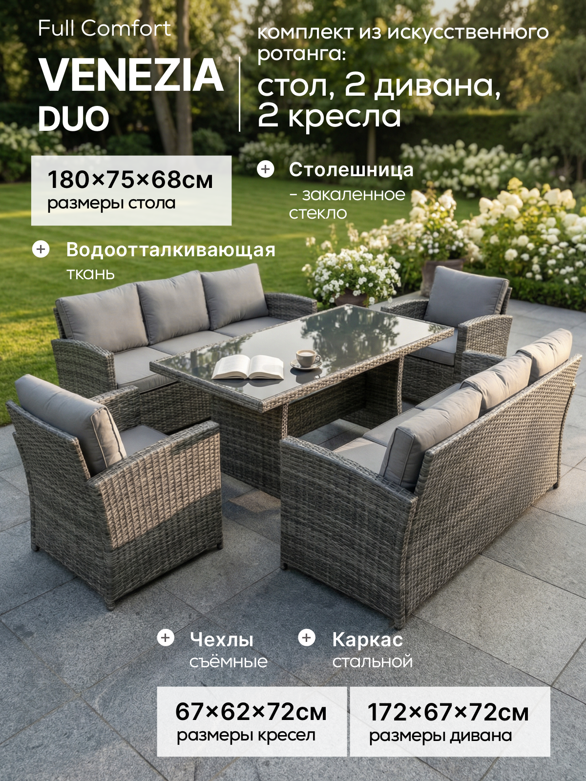 Садовая мебель Full Comfort - VENEZIA-DUO из искусственного ротанга серый (стол, 2 трехместных дивана, 2 кресла)
