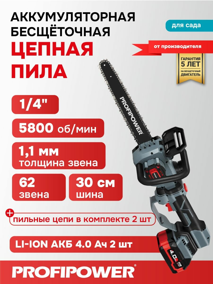 Аккумуляторная бесщеточная цепная пила PROFIPOWER PL-12 с штангой телескопической (20В,12", Li-ion-2шт, 4.0Ач, 0-5800 об/мин, З/У, в коробке)