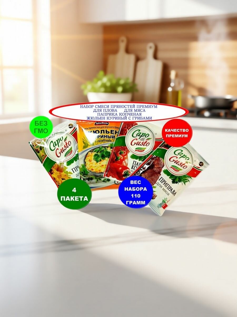 Набор пряностей Spice Master, Capo di Gusto 4 вида для мяса, плова, паприка копченая, жюльена с грибами 4 шт 110 гр