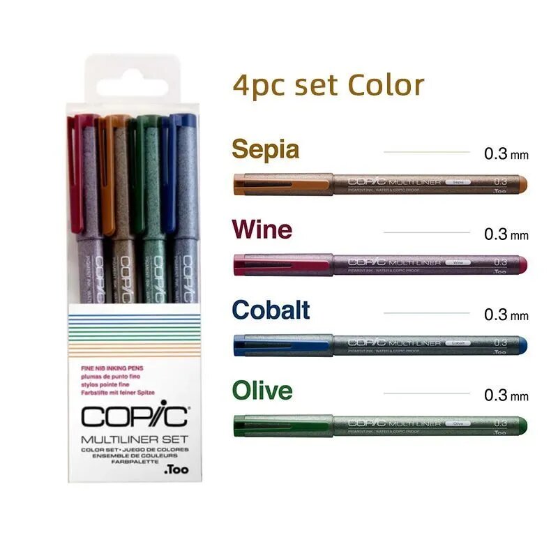 Copic Multiliner Set 4pc Fine Nib Ink Pens, Sepia, Wine, Cobalt, Olive, 0.3 mm