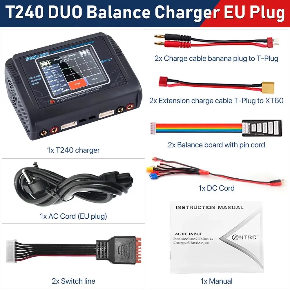 HTRC T240 DUO AC 150W /DC 240W Двухканальное зарядное-разрядное устройство 10A для LiPo, LiHV, LiFe, Lilon, NiCd, NiMh, Pb аккумуляторов.
