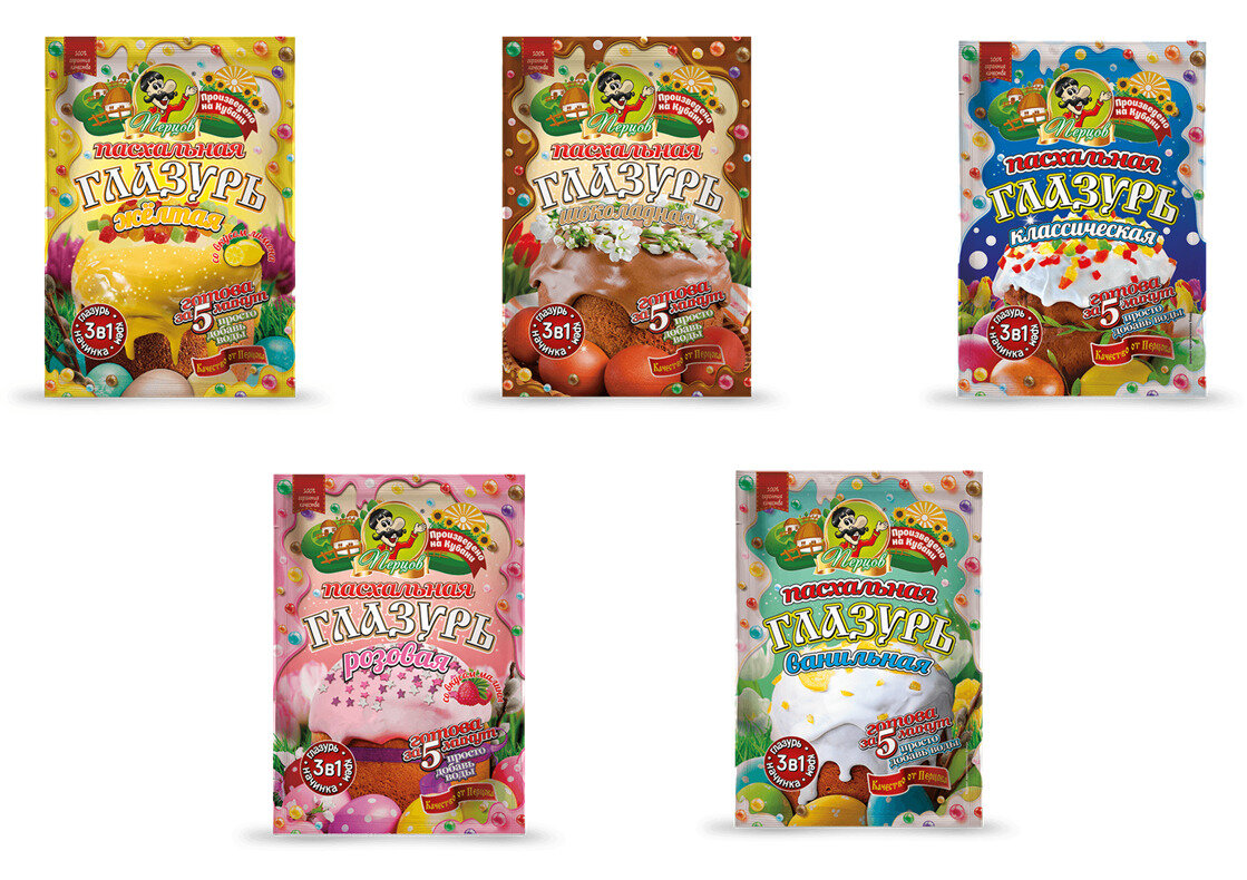 Глазурь Пасхальная Ассорти / Глазурь для куличей Ассорти / Глазурь кондитерская Ассорти / 5 пакетов / 5 видов / 375 грамм