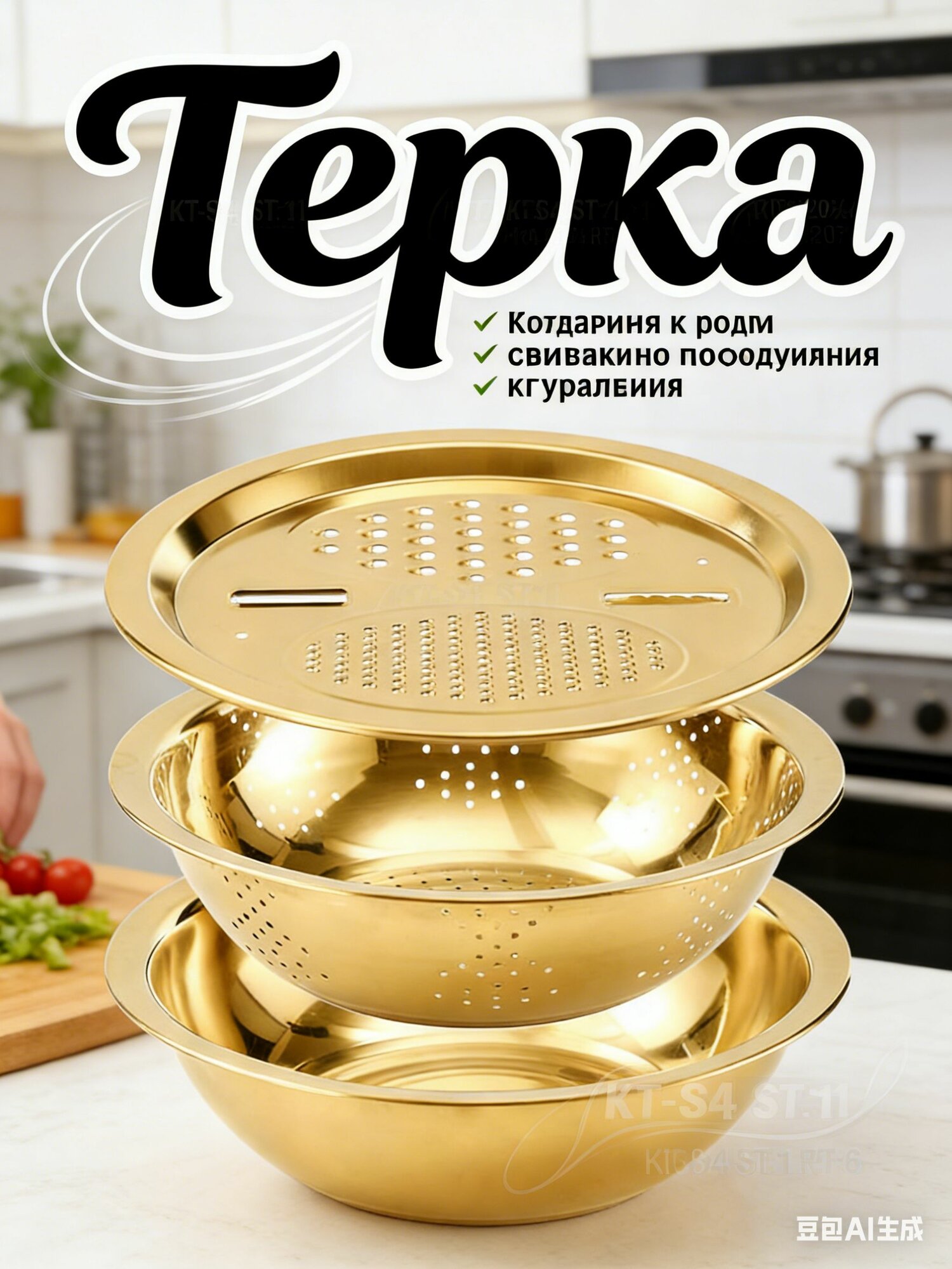 Миска, терка, дуршлаг из нержавеющей стали, набор 3в1, 26см, золотой