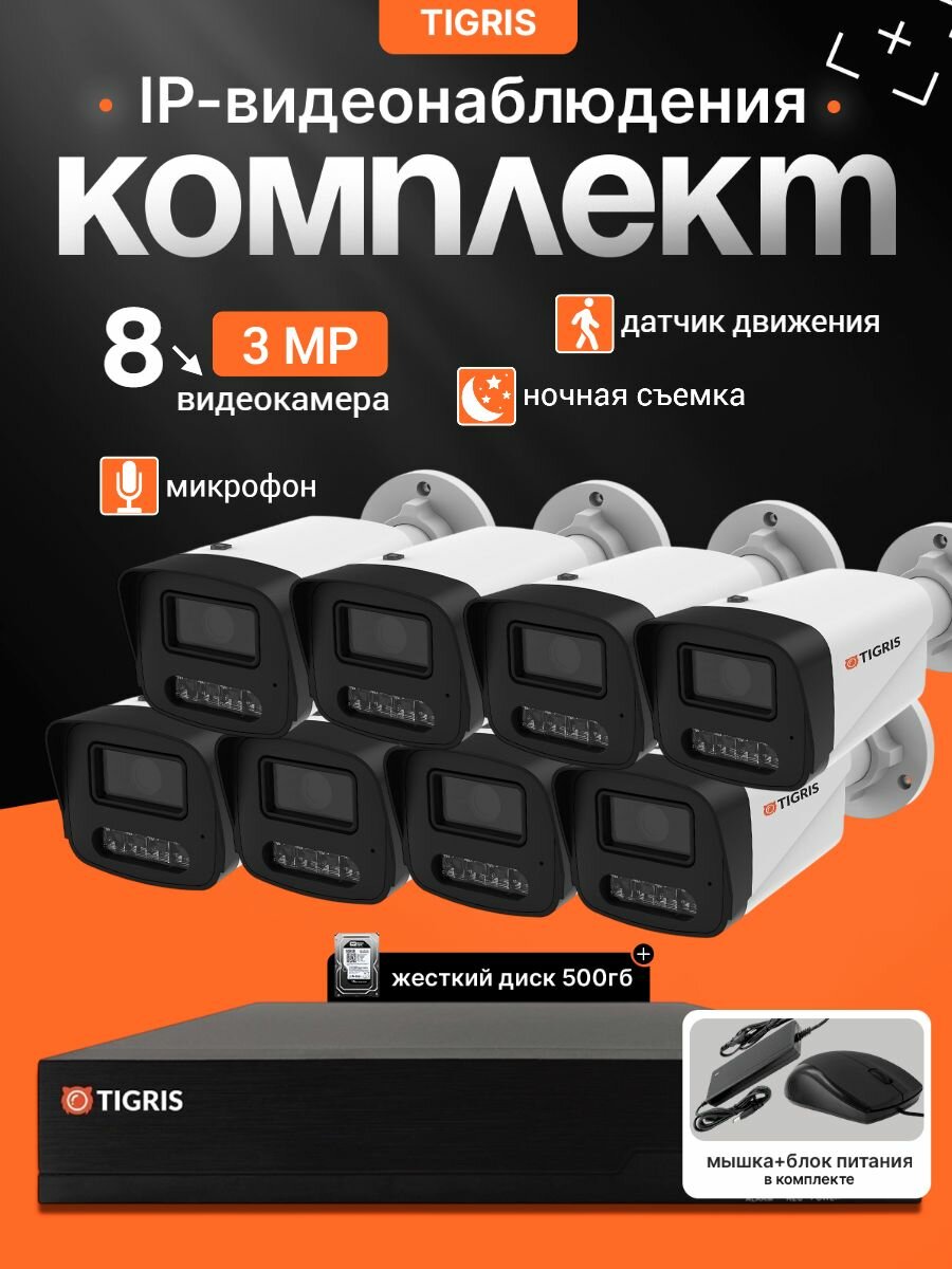 Готовый комплект IP-видеонаблюдения FULL HD с жестким диском на 8 уличных камер POE (кабель в комплект не входит)