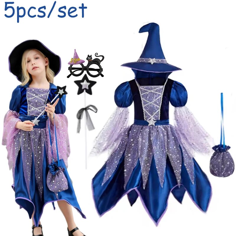 Костюмы для вечеринки на Хэллоуин, платье ведьмы для девочек, детский карнавальный костюм ведьмы, платье тыквы с сумкой, шляпа, палочка, одежда