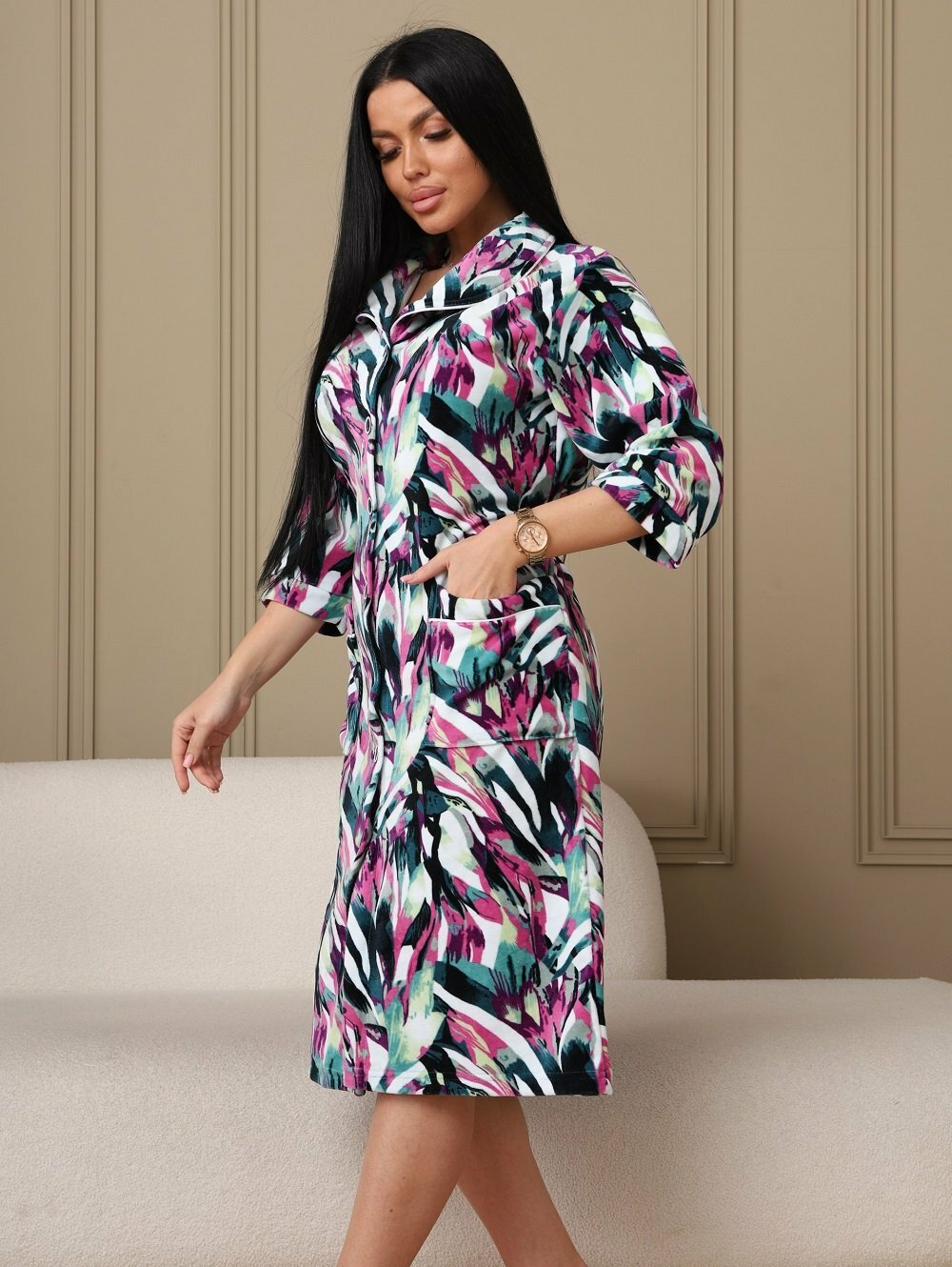 Халат 177/зеленый/малиновый/абстакция