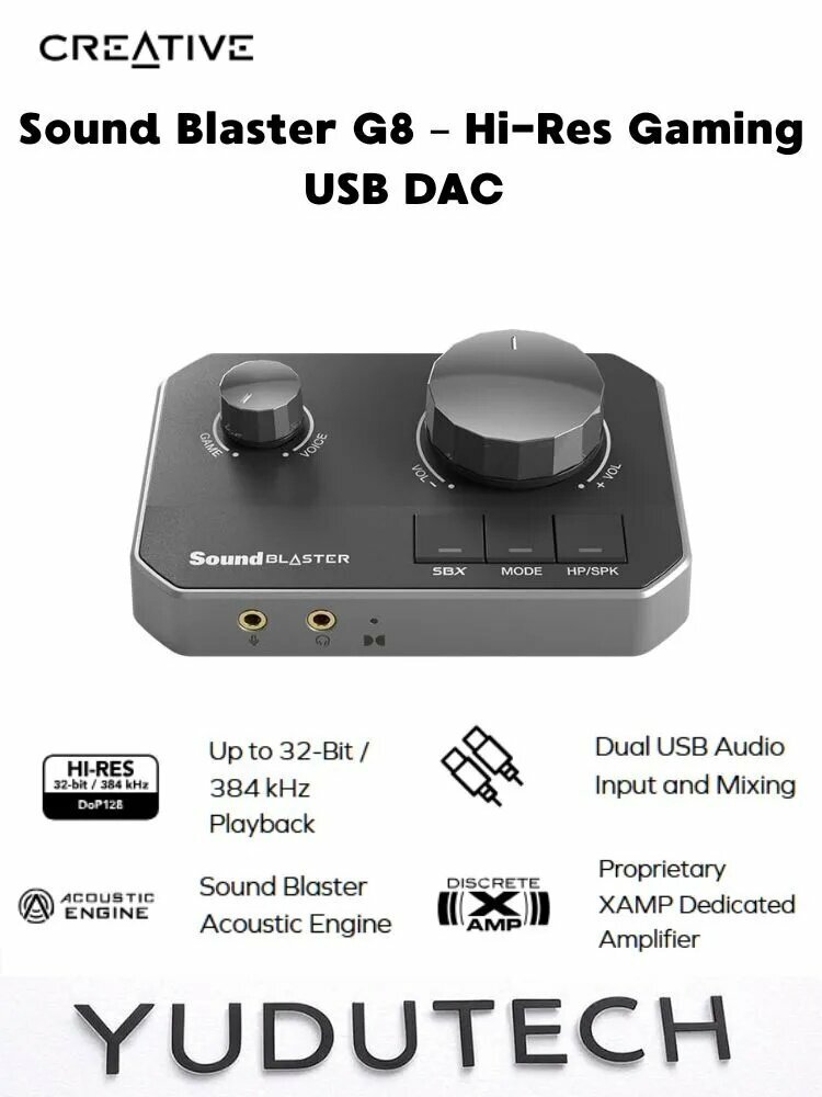 Sound Blaster G8 Hi-Res Gaming DUAL USB DAC и усилитель, Воспроизведение до 32 бит / 384 кГц