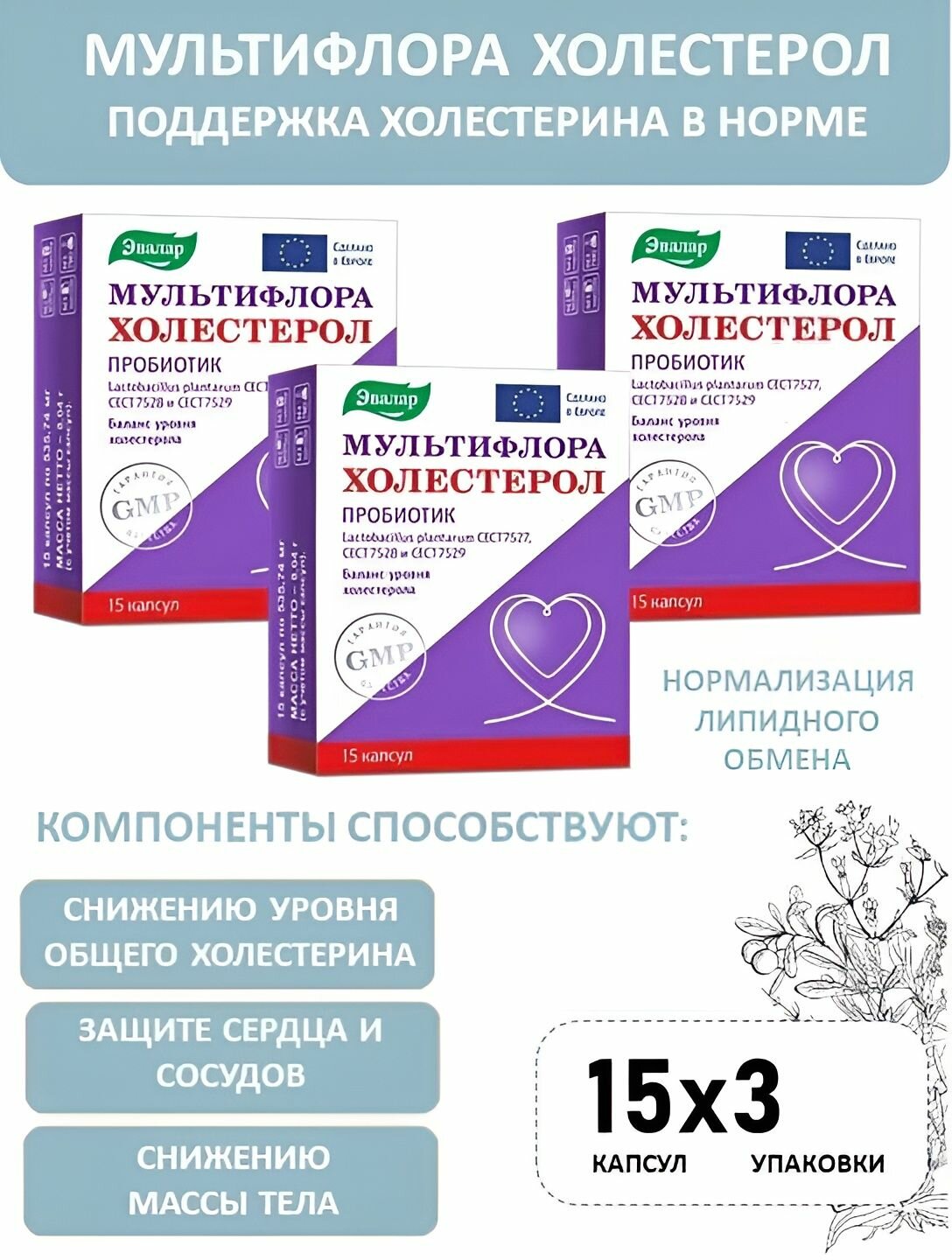 БАД Мультифлора Холестерол 15 шт. капсулы массой 535,74 мг - 3уп