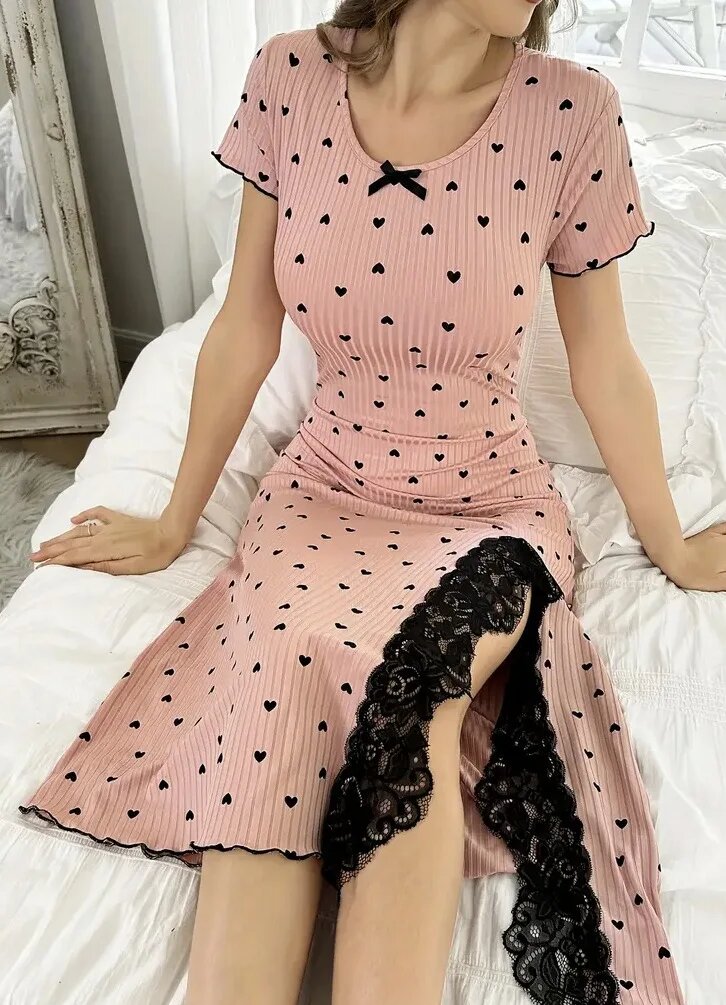 Женская Сексуальная Вязаная Ночная Сорочка До Середины Икры С Принтом В Виде Сердец, Высоким Кружевным Разрезом, Коротким Рук.