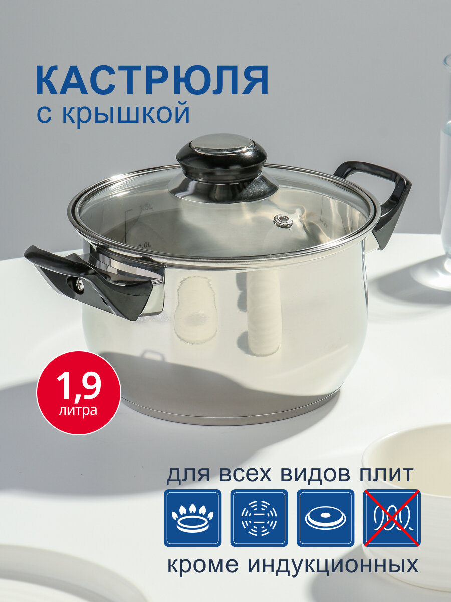 Кастрюля из нержавеющей стали 1.9 л со стеклянной крышкой 16 см, мерная шкала, для газовых и электрических плит, DNN1.