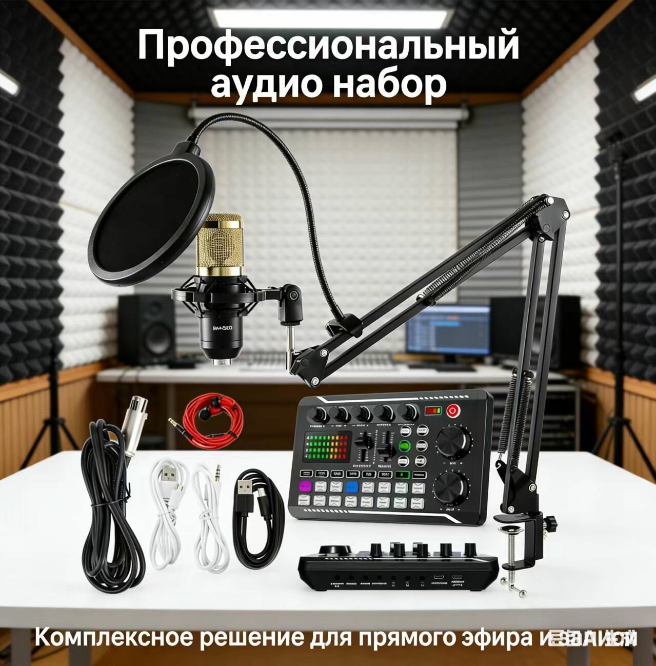 Студийный комплект для стрима и записи – микрофон с кронштейном и поп-фильтром + звуковая карта для ПК и ноутбука