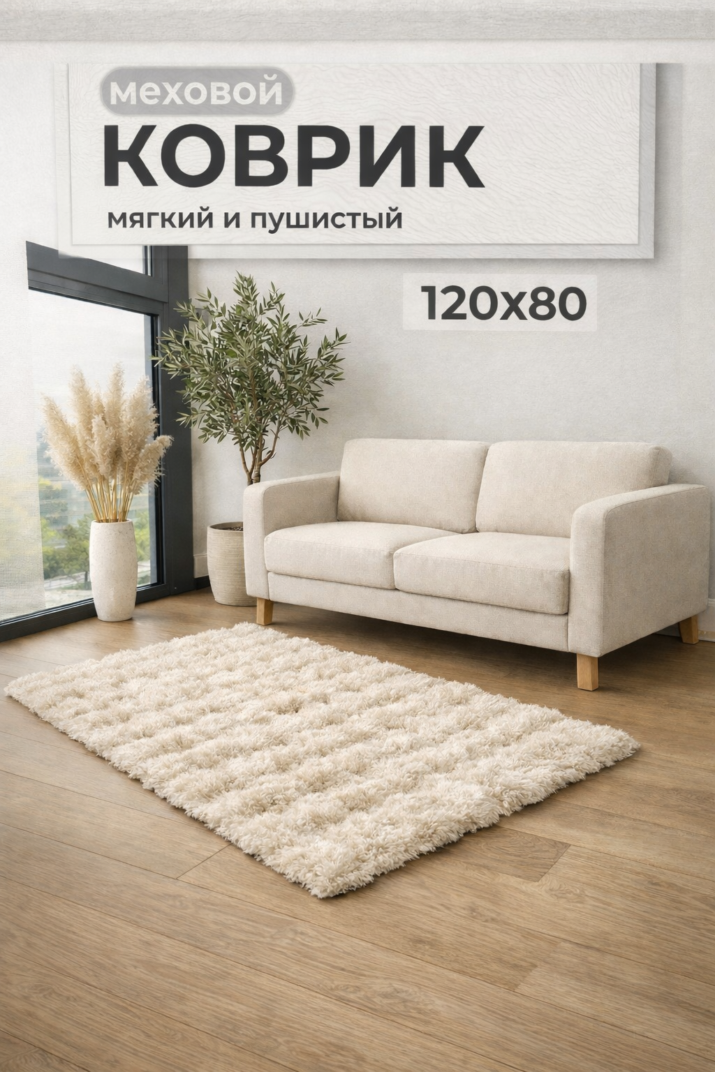 Ковер комнатный пушистый с искусственным ворсом /меховой комнатный напольный ковер/ , размер 120x80 см, цвет бежевый