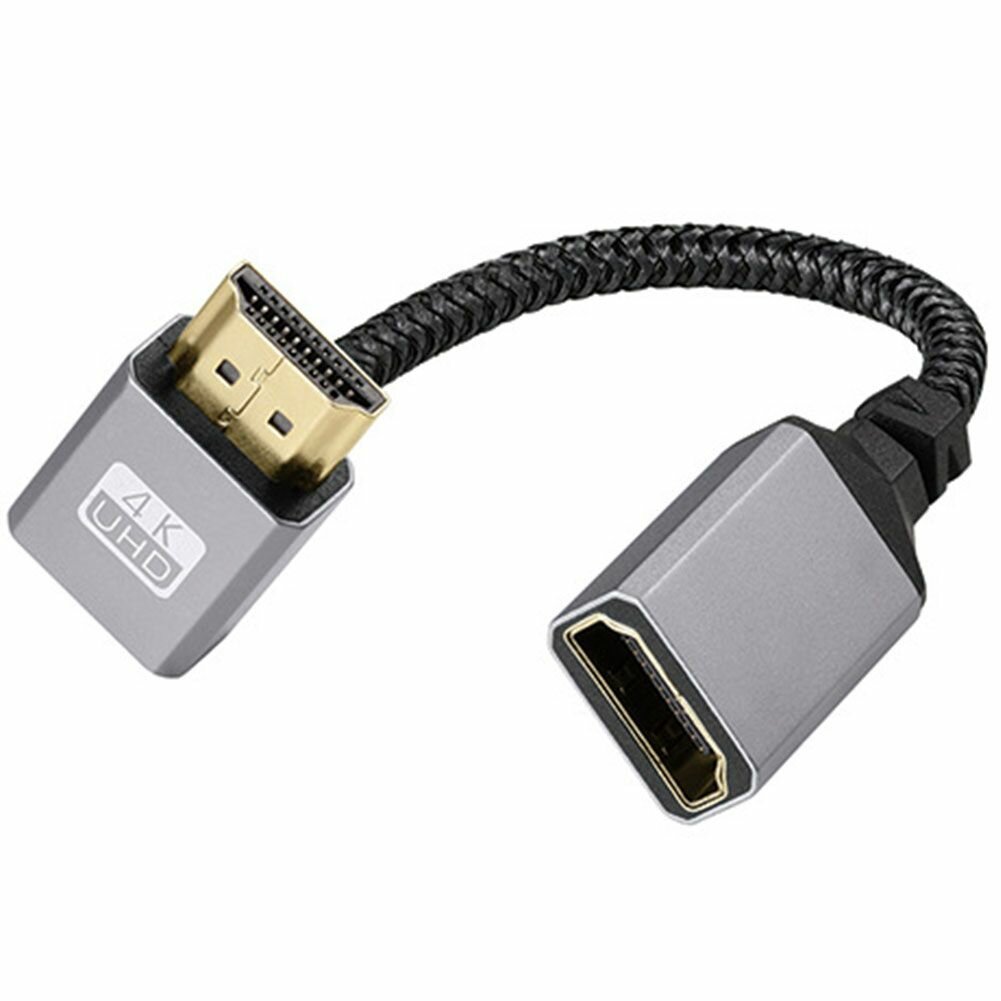 Кабель HDMI удлинитель, 20 см, 4K 60 Гц, с никелированными разъёмами, нейлоновая оплётка, изогнутый вверх разъём