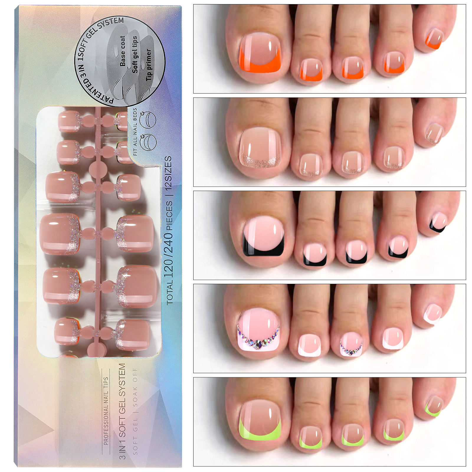 120 штук Френч гельные наконечники для ногтей ног Френч типы накладные ногти 12 размеров фейковые ногти ложные ногти носковые наконечники для маникюра DIY