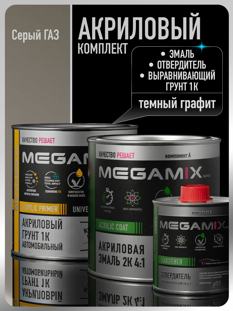 Комплект Акриловая краска автомобильная 2К , Серый /Серый ГАЗ, 840мл + Отвердитель 2K 210 мл + Грунт акриловый 1К , темный графит, 800 г