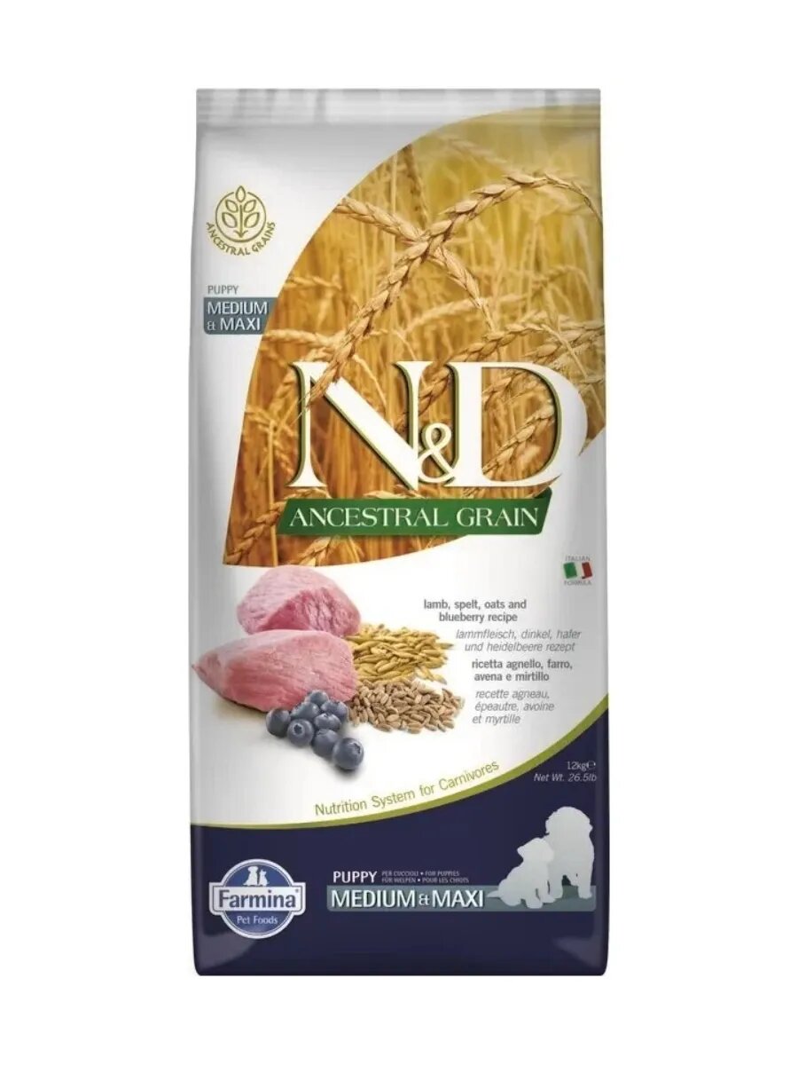 Сухой корм Farmina N&D Ancestral Grain (Фармина) для щенков средних и крупных пород ягненок с черникой, 12 кг