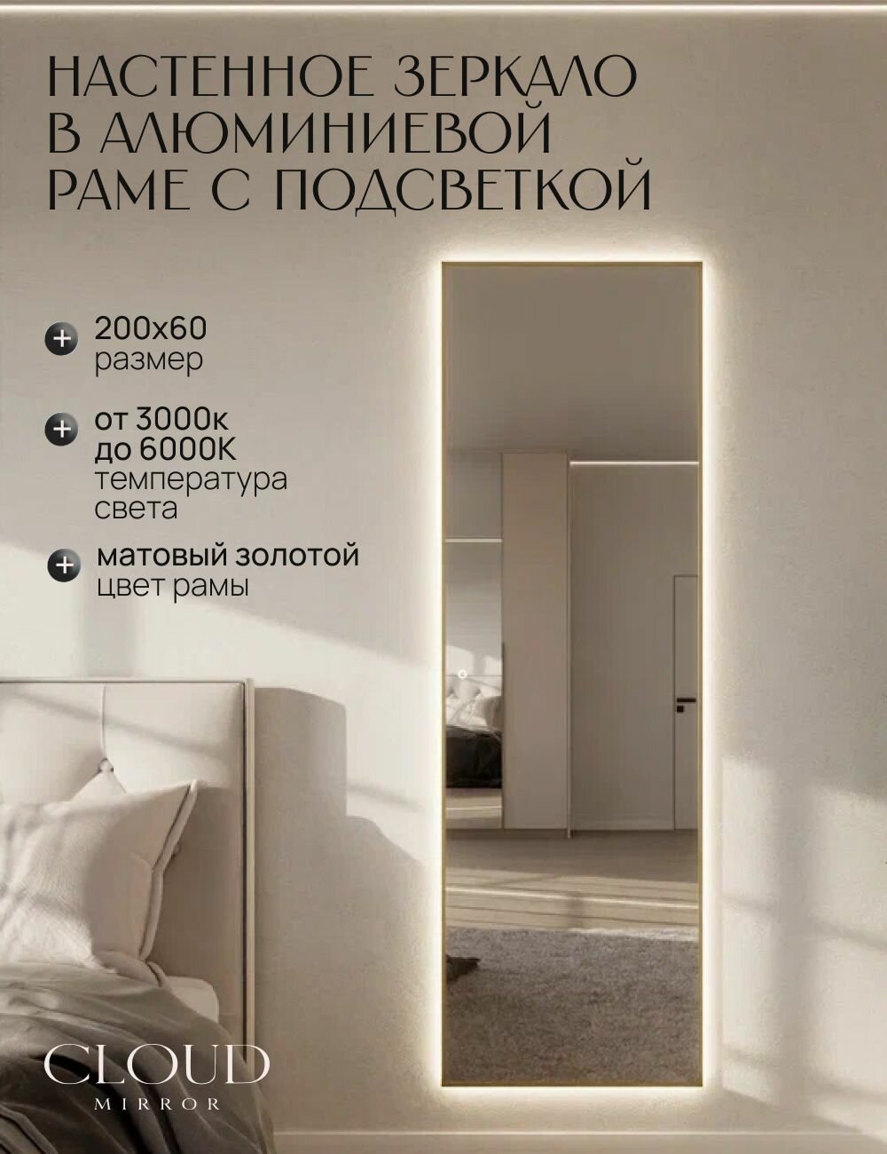 Зеркало 200х60 см. CLOUD MIRROR с подсветкой настенное сенсорное в алюминиевой раме, Золото