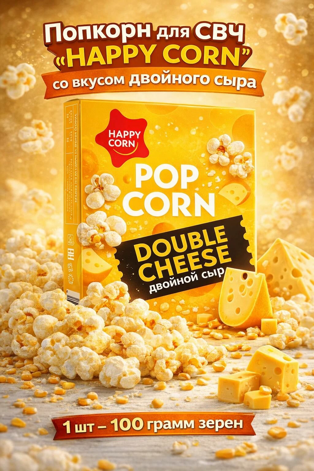 Попкорн HAPPY CORN "Двойной сыр", для СВЧ, цельнозерновой, 100г