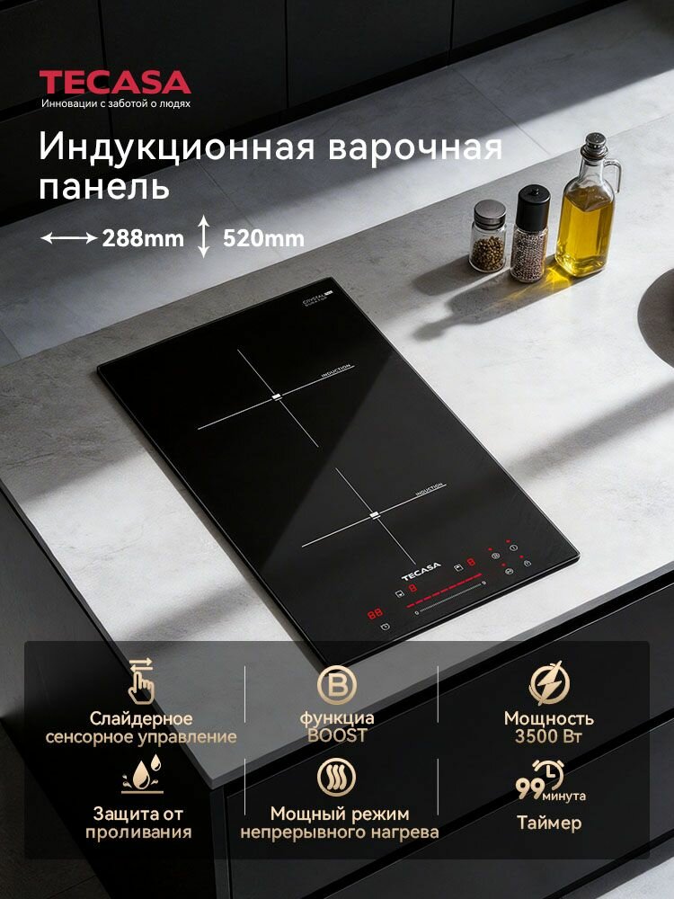 Варочная панель электрическая Tecasa TIH29SB со слайдерным управлением, Мощность 3500 Вт, Таймер, Защитное автоотключение, 2 конфорки, 9 уровней мощностей