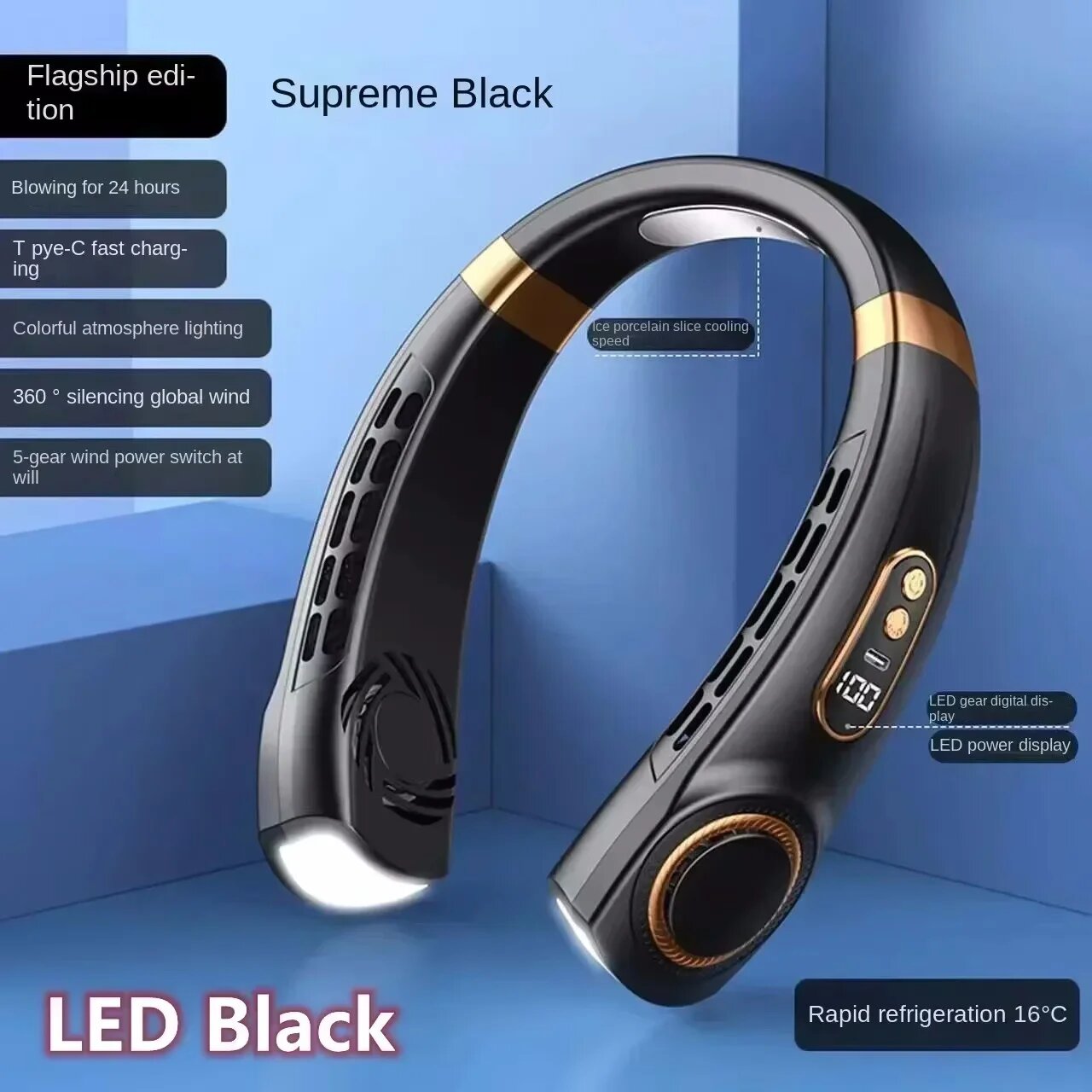Бесшумный портативный вентилятор JPNPL на шею 8000 мАч Черный, LED Black