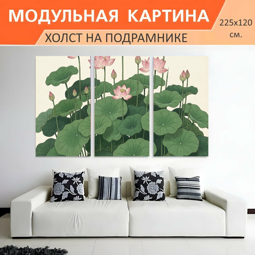 Модульная картина на холсте "Розовые лотосы и листья. Нежные водные цветы с крупными круглыми листьями в ботанической иллюстрации." триптих на подрамнике 225х120 см. для интерьера